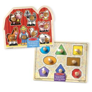 melissa & doug jumbo knob wooden puzzles - shapes and farm animals - chunky baby puzzles, wooden puzzles with knobs for toddlers ages 1+