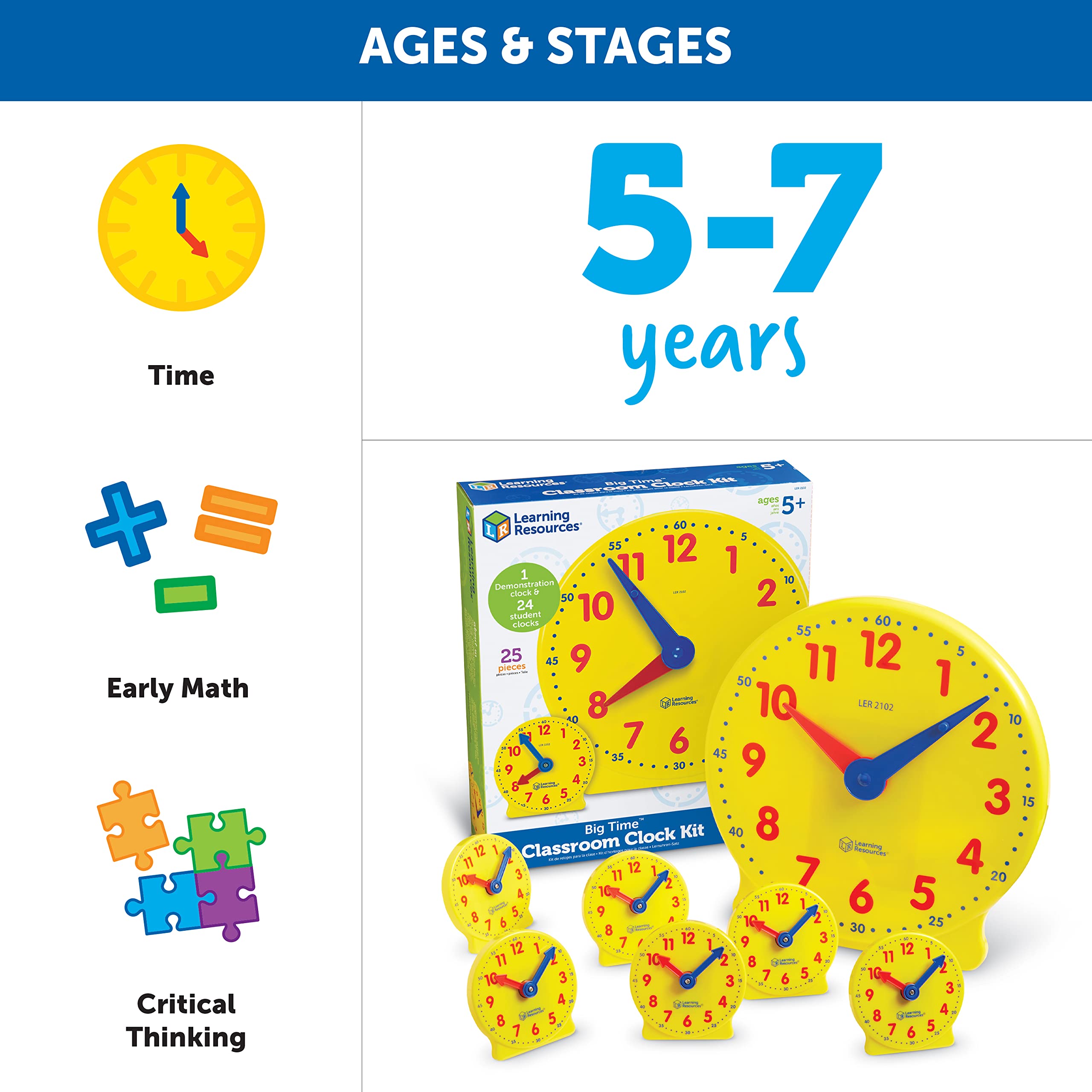 Learning Resources Classroom Clock Kit -25 Pieces, Ages 5+ Clock for Kids, Learning to Tell Time, Clocks for Teaching Time, Teacher and Classroom Supplies