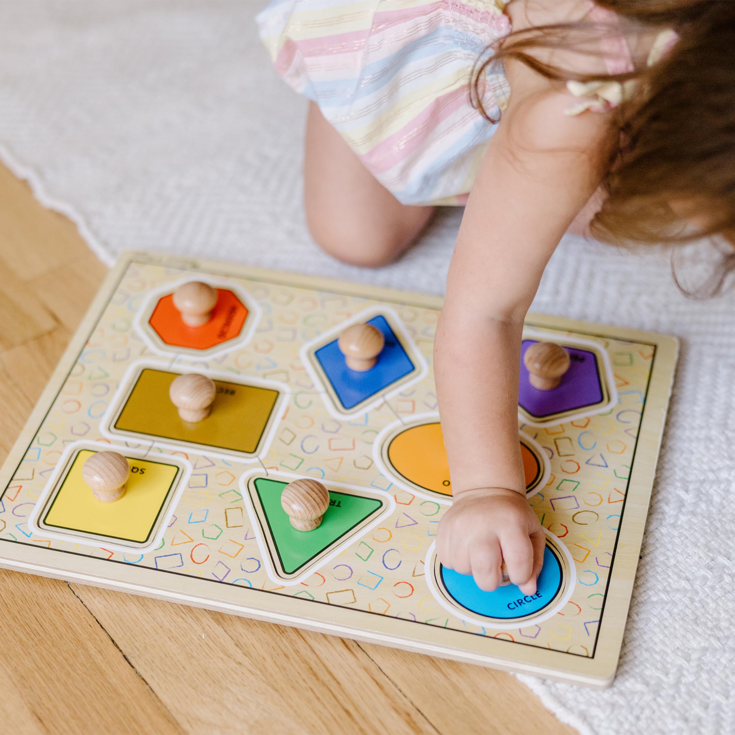 Melissa & Doug Deluxe Jumbo Knob Wooden Puzzle - Geometric Shapes (8 pcs) - Wooden Peg Chunky Baby Puzzle, Preschool Learning Puzzle, Wooden Puzzle Board For Toddlers Ages 1+