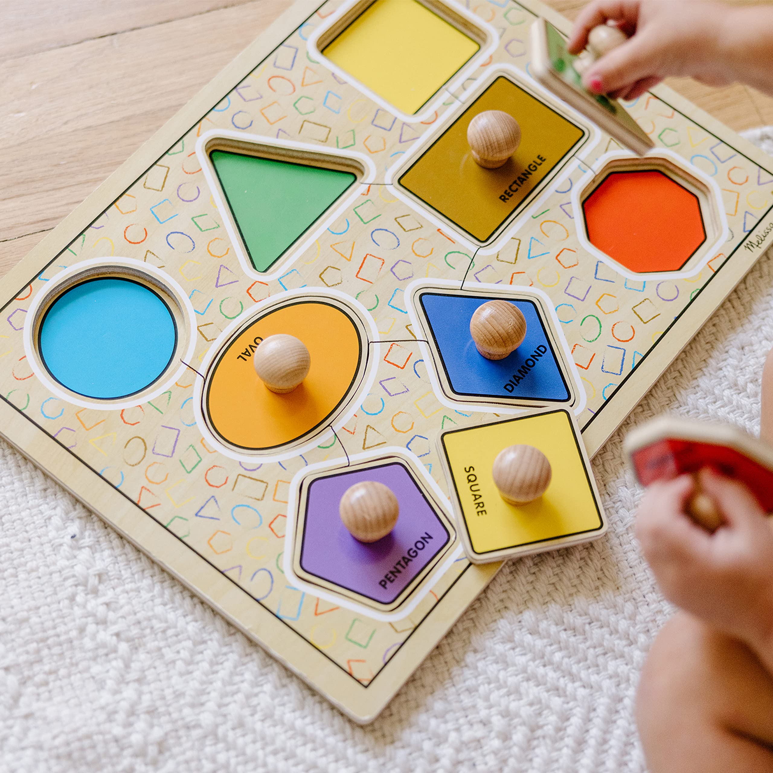 Melissa & Doug Deluxe Jumbo Knob Wooden Puzzle - Geometric Shapes (8 pcs) - Wooden Peg Chunky Baby Puzzle, Preschool Learning Puzzle, Wooden Puzzle Board For Toddlers Ages 1+