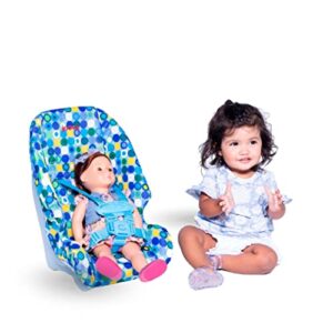 joovy toy booster seat & functional doll car seat featuring crash-tested latch system for safety, machine-washable cover for easy cleaning, and five-point harness - fits dolls 12” to 22”, blue