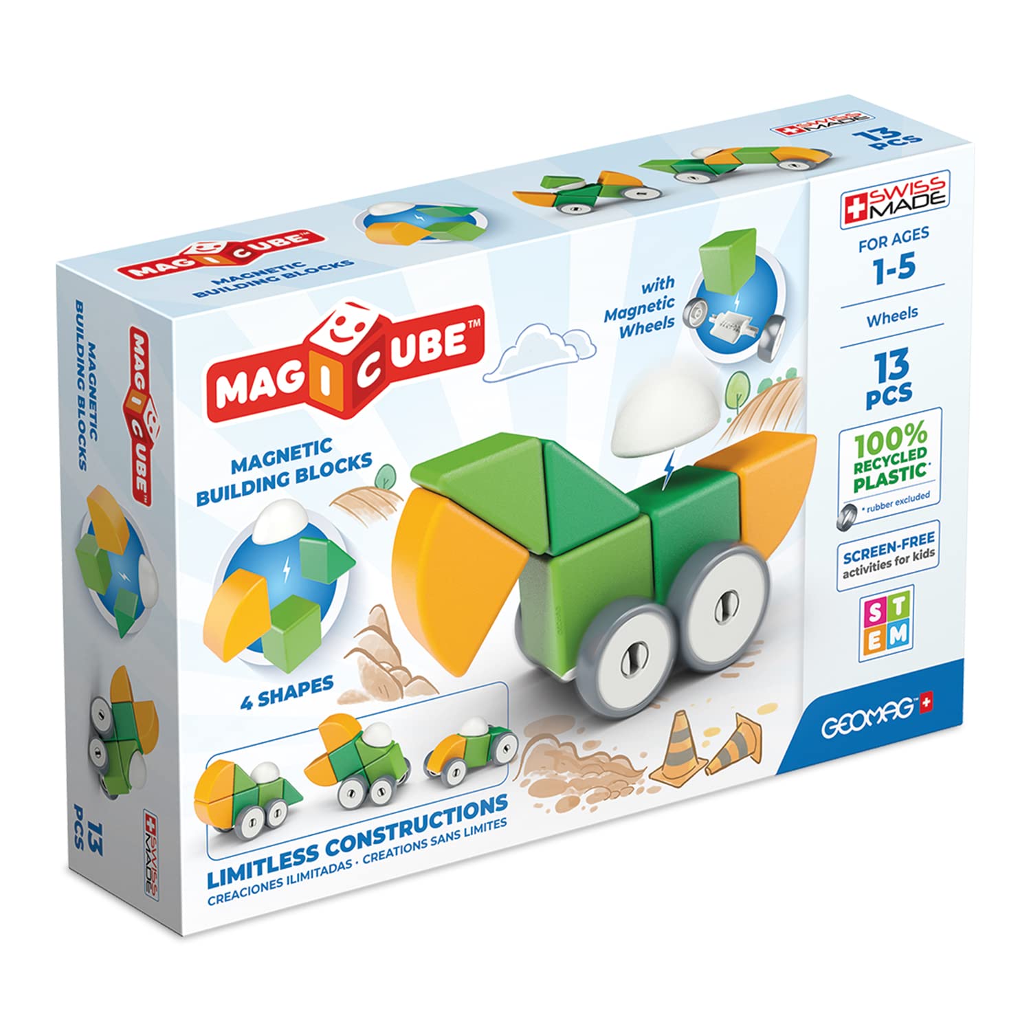 Geomag Swiss-Made MagiCube 13-Piece Magnetic Shapes & Wheels Building Set, Cars & Characters, Stacking Blocks for Toddlers & Kids Ages 1-5, STEM Educational Toy, Creativity, Imagination, Learning