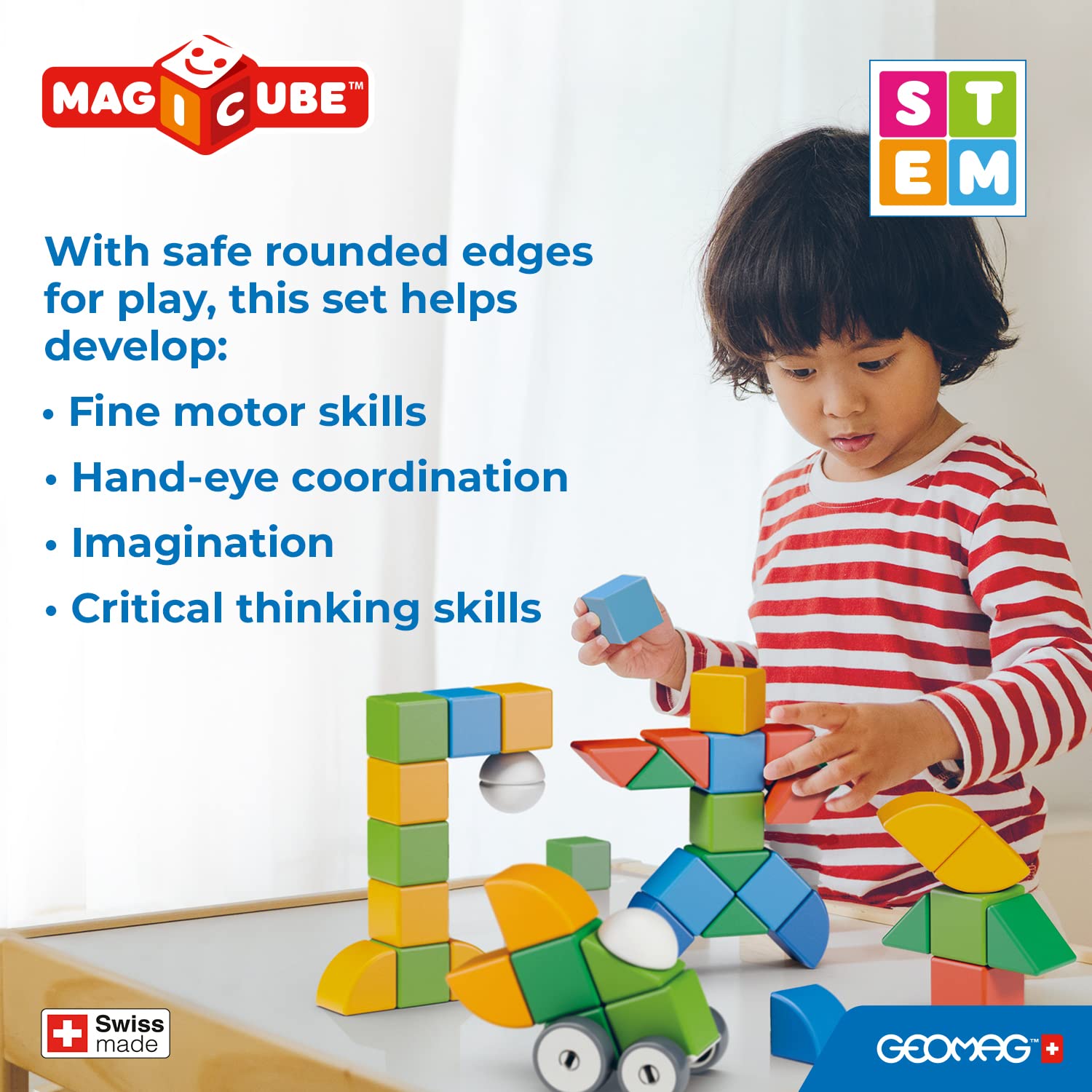 Geomag Swiss-Made MagiCube 13-Piece Magnetic Shapes & Wheels Building Set, Cars & Characters, Stacking Blocks for Toddlers & Kids Ages 1-5, STEM Educational Toy, Creativity, Imagination, Learning