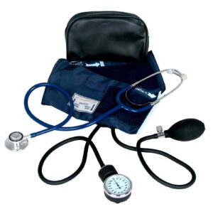 dixie ems aneroid sphygmomanometer and dual head stethoscope set with adult size blood pressure cuff, calibration key and carrying case – navy blue