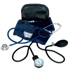 Dixie EMS Aneroid Sphygmomanometer and Dual Head Stethoscope Set with Adult Size Blood Pressure Cuff, Calibration Key and Carrying Case – Navy Blue