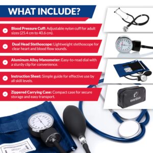 Dixie EMS Aneroid Sphygmomanometer and Dual Head Stethoscope Set with Adult Size Blood Pressure Cuff, Calibration Key and Carrying Case – Navy Blue