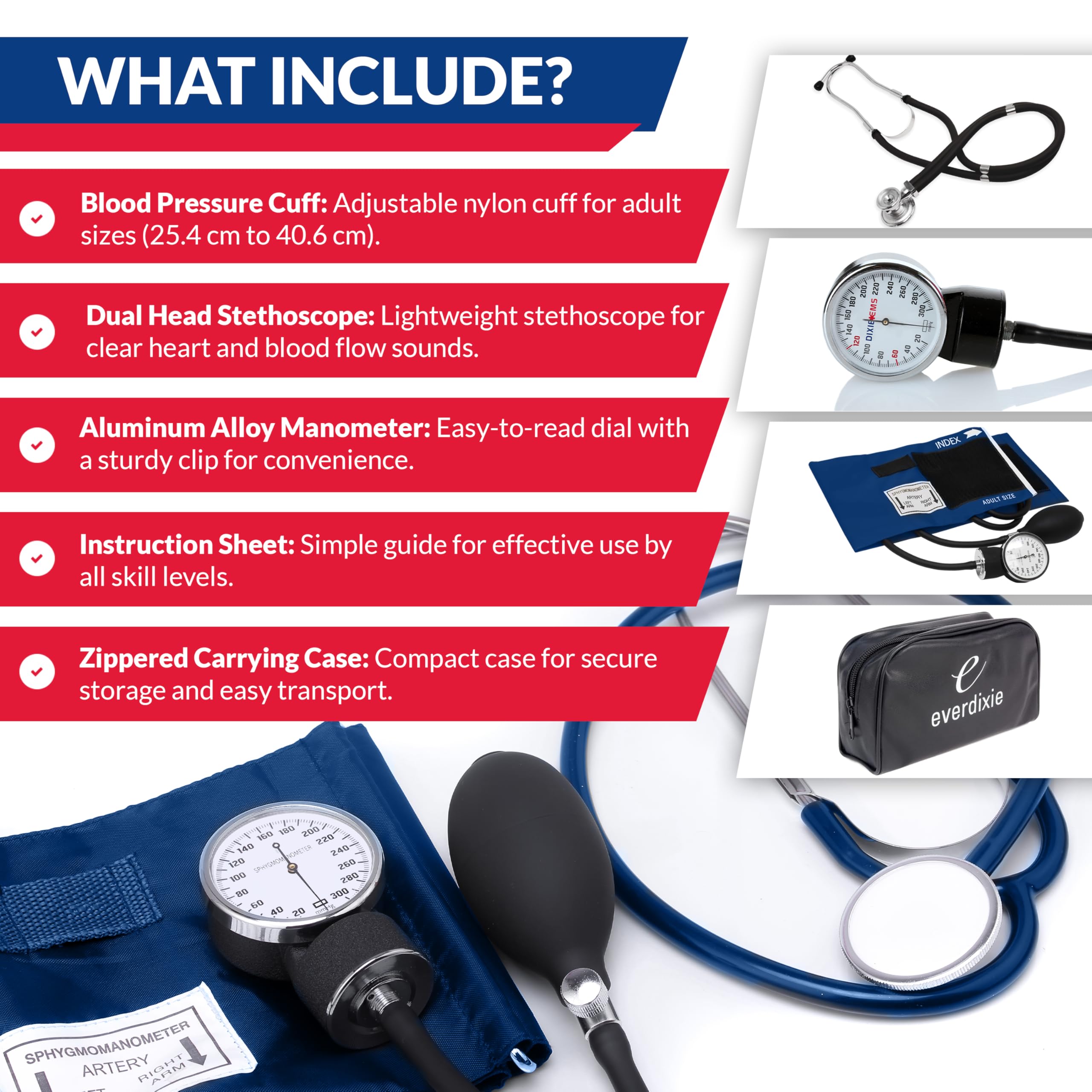 Dixie EMS Aneroid Sphygmomanometer and Dual Head Stethoscope Set with Adult Size Blood Pressure Cuff, Calibration Key and Carrying Case – Navy Blue