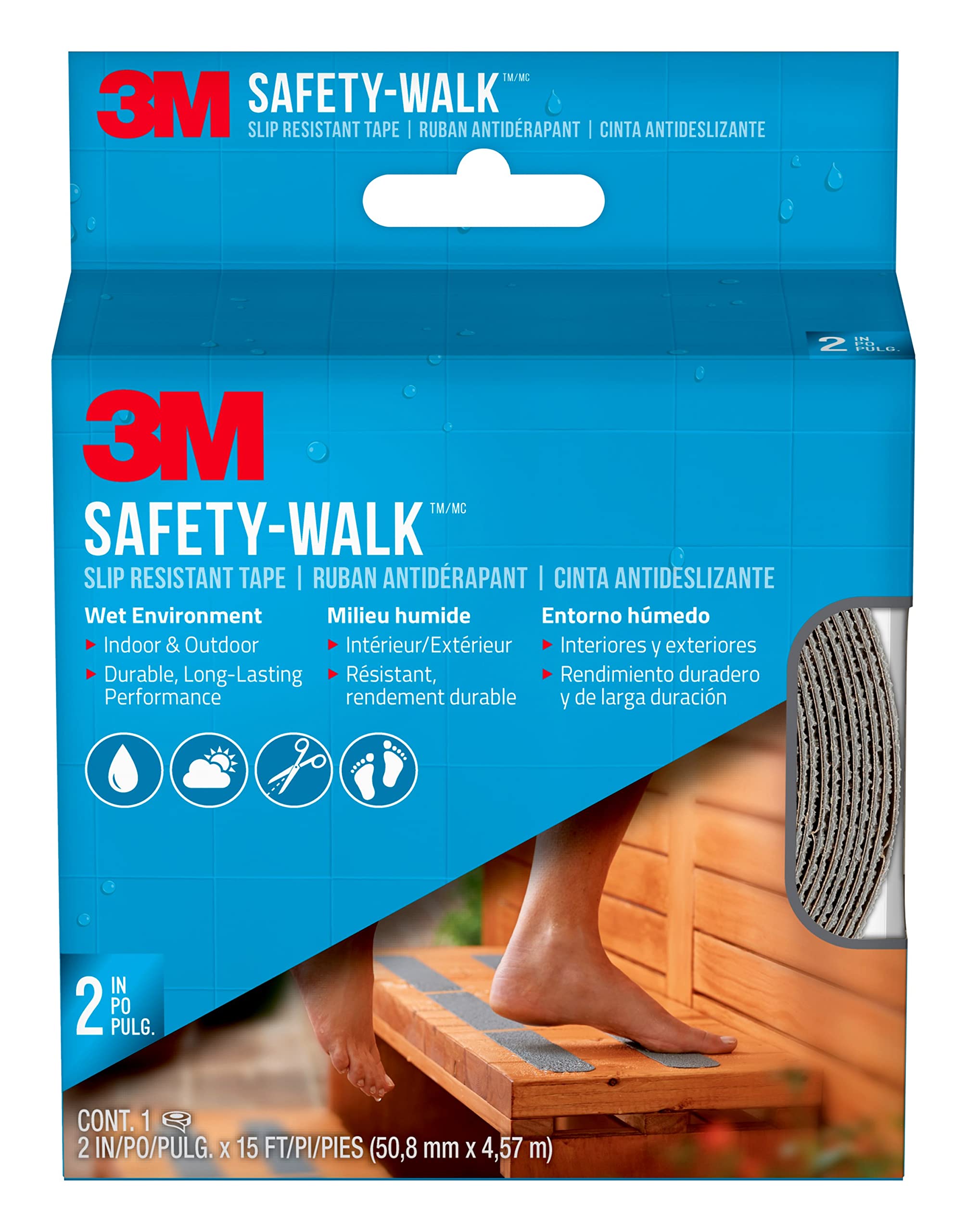 3M Safety-Walk Slip Resistant Tape, 2 in x 15 ft, Anti Slip Grey Tape, Ideal For Slippery & Wet Conditions, Self-Adhesive Backing, Quick & Easy Application, Durable & Long-Lasting (370G-R2X180)