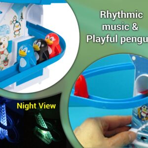 ARSUK Penguin Race Game Toy Playful Musical Roller Coaster Track Playset with Music & LED Flashing Lights On/Off Button for Toddlers and Kids Gift