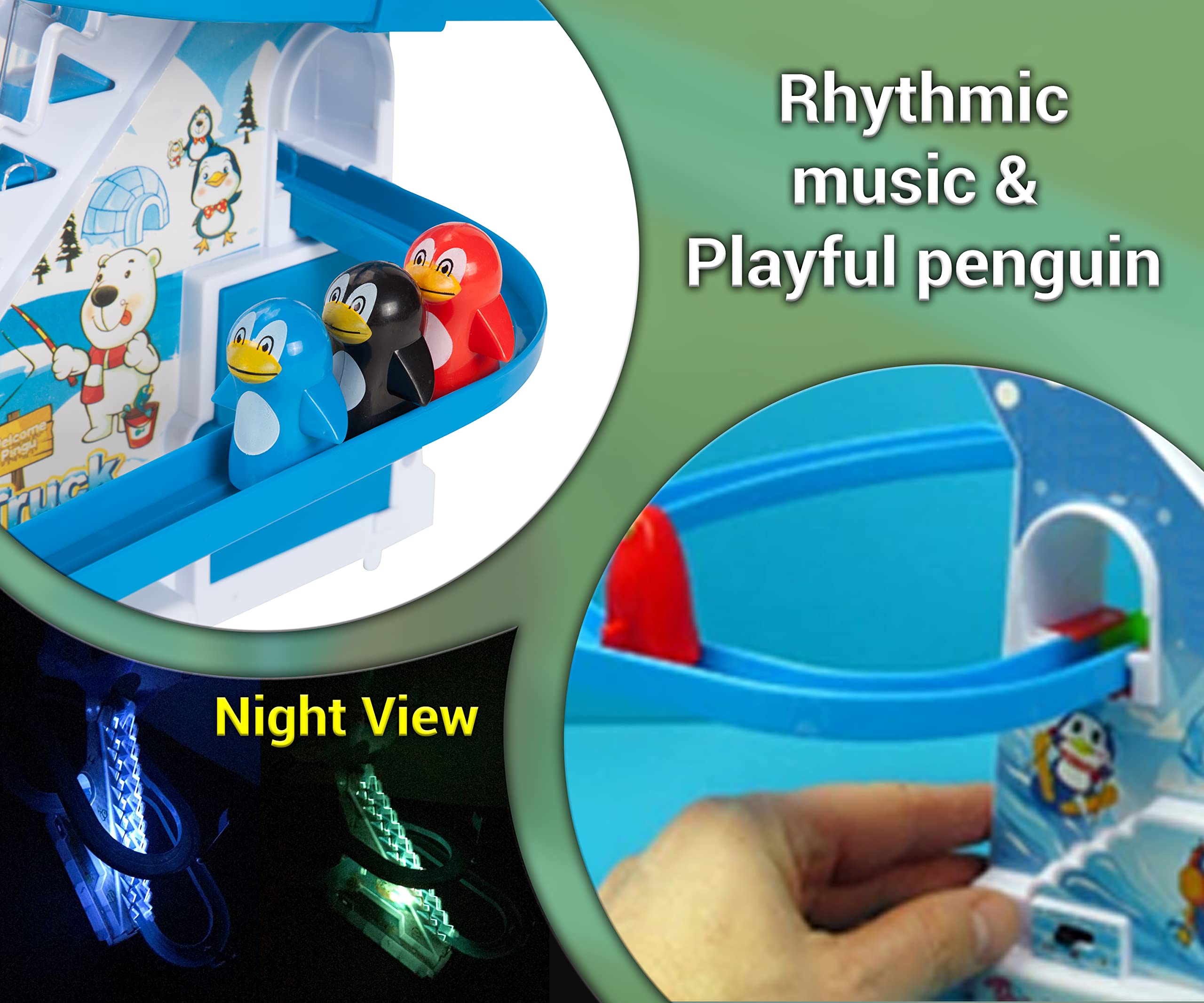 ARSUK Penguin Race Game Toy Playful Musical Roller Coaster Track Playset with Music & LED Flashing Lights On/Off Button for Toddlers and Kids Gift