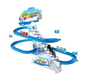 arsuk penguin race game toy playful musical roller coaster track playset with music & led flashing lights on/off button for toddlers and kids gift