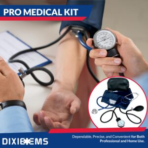 Dixie EMS Aneroid Sphygmomanometer and Dual Head Stethoscope Set with Adult Size Blood Pressure Cuff, Calibration Key and Carrying Case – Navy Blue