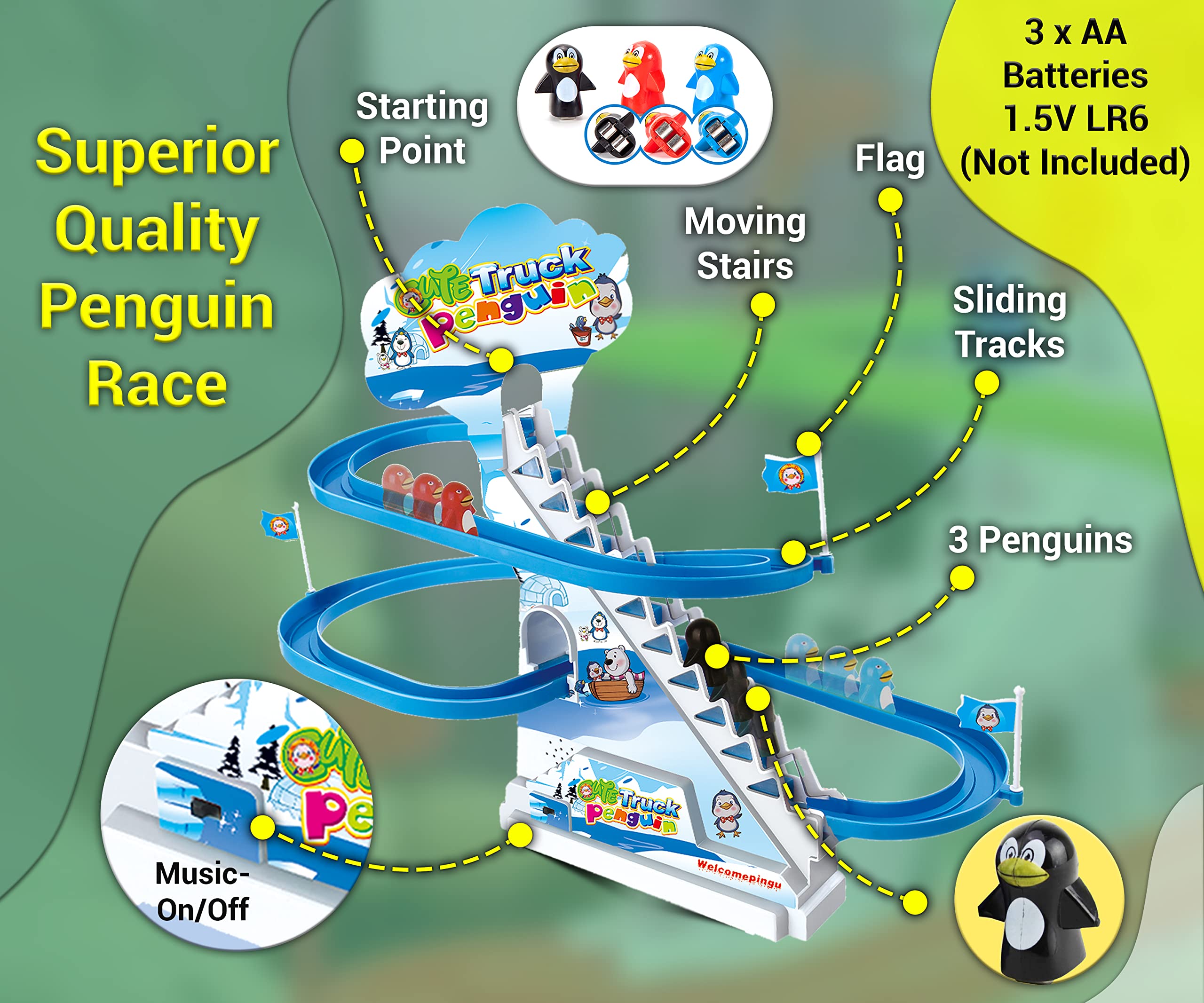 ARSUK Penguin Race Game Toy Playful Musical Roller Coaster Track Playset with Music & LED Flashing Lights On/Off Button for Toddlers and Kids Gift