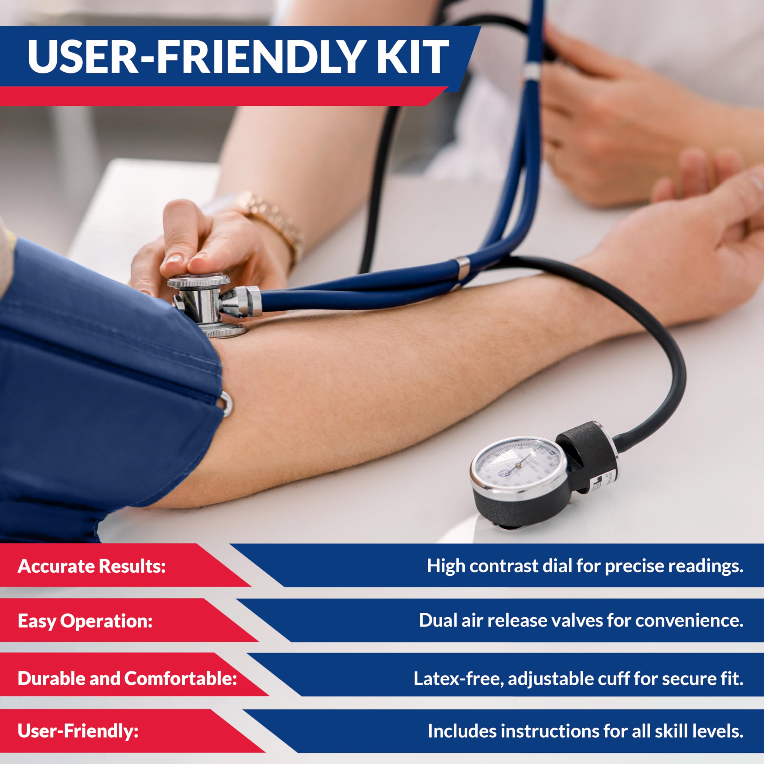 Dixie EMS Aneroid Sphygmomanometer and Dual Head Stethoscope Set with Adult Size Blood Pressure Cuff, Calibration Key and Carrying Case – Navy Blue