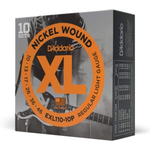 d'addario guitar strings - xl nickel electric guitar strings - exl110-10p - perfect intonation, consistent feel, reliable durability - for 6 string guitars - 10-46 regular light, 10-pack