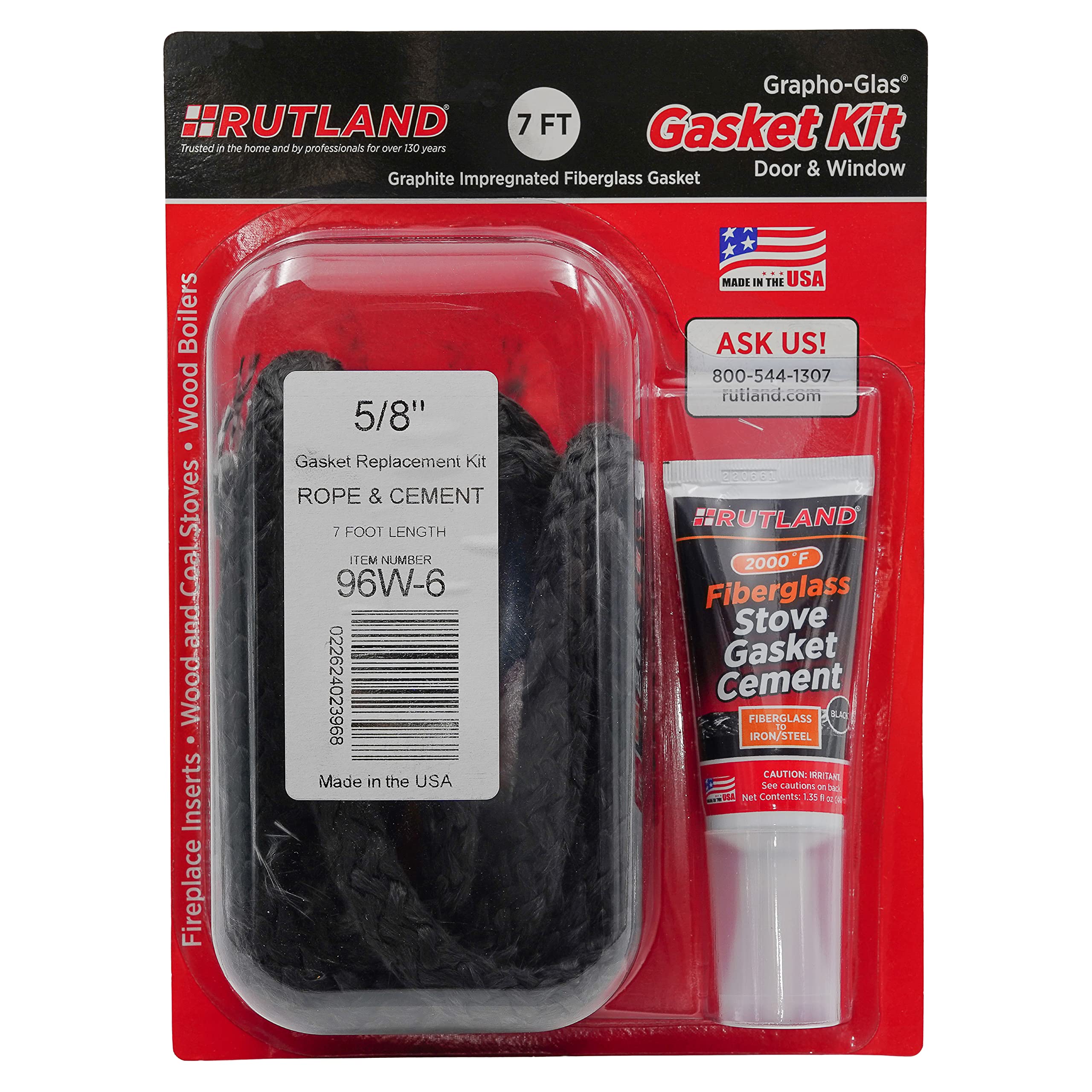 RUTLAND PRODUCTS Rutland 96W-6 Grapho-Glas Rope Gasket Replacement Kit, 5/8-Inch by 7-Feet, 5/8" X7', Black