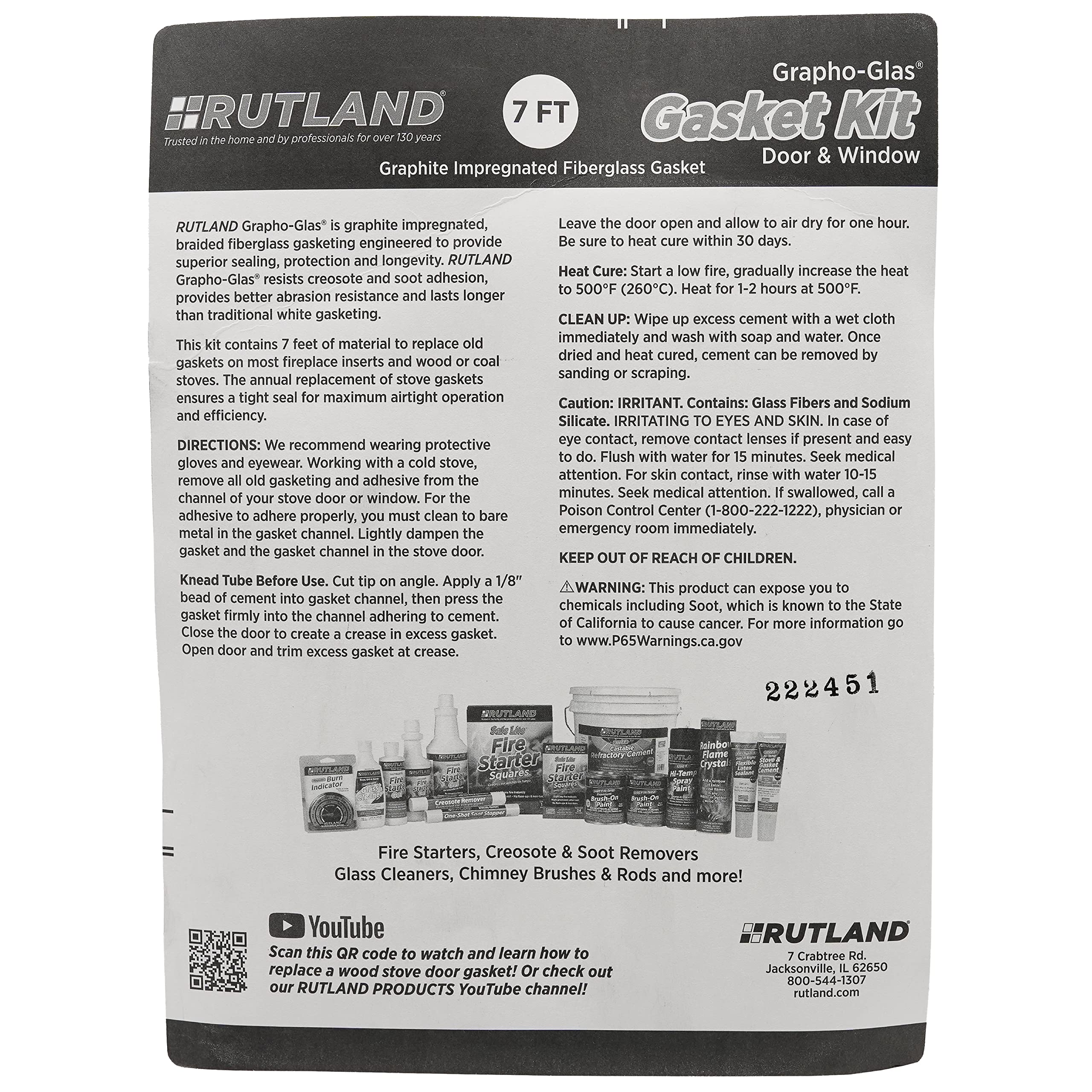 RUTLAND PRODUCTS Rutland 96W-6 Grapho-Glas Rope Gasket Replacement Kit, 5/8-Inch by 7-Feet, 5/8" X7', Black