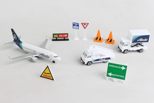 Daron Alaska Airlines Airport Playset with Die-Cast Metal Model Airplane with Plastic Parts, Cars and Transportation Toys for Kids Ages 3+