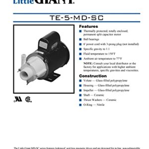 Little Giant TE-5-MD-SC 115/230-Volt, 50/60 Hz, 1/10 HP, 1200 GPH Magnetic Drive Non- Submersible Mildly Corrosive Chemical Transfer Pump, 6-Foot Power Cord with Separate Plug, Black/White, 584504