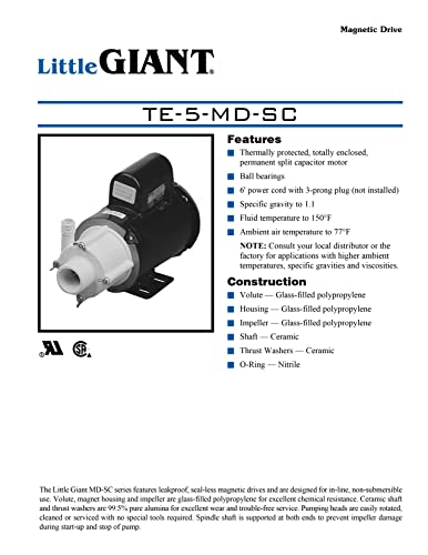 Little Giant TE-5-MD-SC 115/230-Volt, 50/60 Hz, 1/10 HP, 1200 GPH Magnetic Drive Non- Submersible Mildly Corrosive Chemical Transfer Pump, 6-Foot Power Cord with Separate Plug, Black/White, 584504