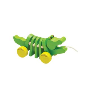 plantoys dancing alligator push & pull toy - sustainably made from rubberwood with 3 organic-pigment color options and makes click-clack sounds and dancing movements when pulled (natural)