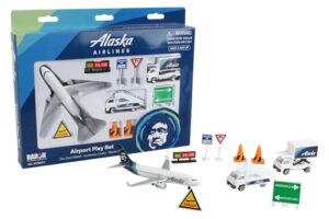 daron alaska airlines airport playset with die-cast metal model airplane with plastic parts, cars and transportation toys for kids ages 3+