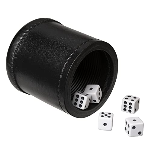 WE Games Professional Handmade Black Leather Dice Cup Set, Comes with 5 Standard Game Dice & Cloth Bag, Dice Roller for Liars Dice Farkle & Board Games, Durable Stitched Dice Cups