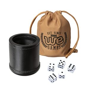 we games professional handmade black leather dice cup set, comes with 5 standard game dice & cloth bag, dice roller for liars dice farkle & board games, durable stitched dice cups