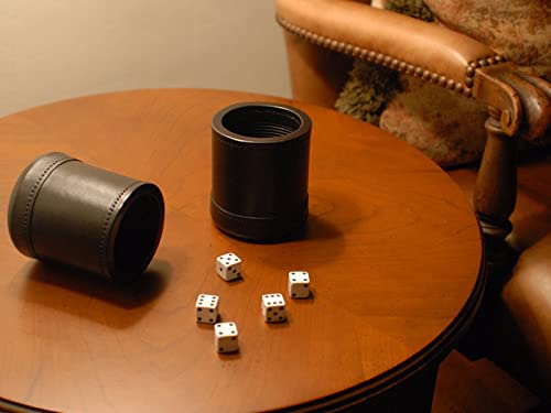 WE Games Professional Handmade Black Leather Dice Cup Set, Comes with 5 Standard Game Dice & Cloth Bag, Dice Roller for Liars Dice Farkle & Board Games, Durable Stitched Dice Cups