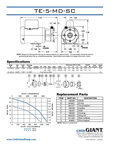 Little Giant TE-5-MD-SC 115/230-Volt, 50/60 Hz, 1/10 HP, 1200 GPH Magnetic Drive Non- Submersible Mildly Corrosive Chemical Transfer Pump, 6-Foot Power Cord with Separate Plug, Black/White, 584504