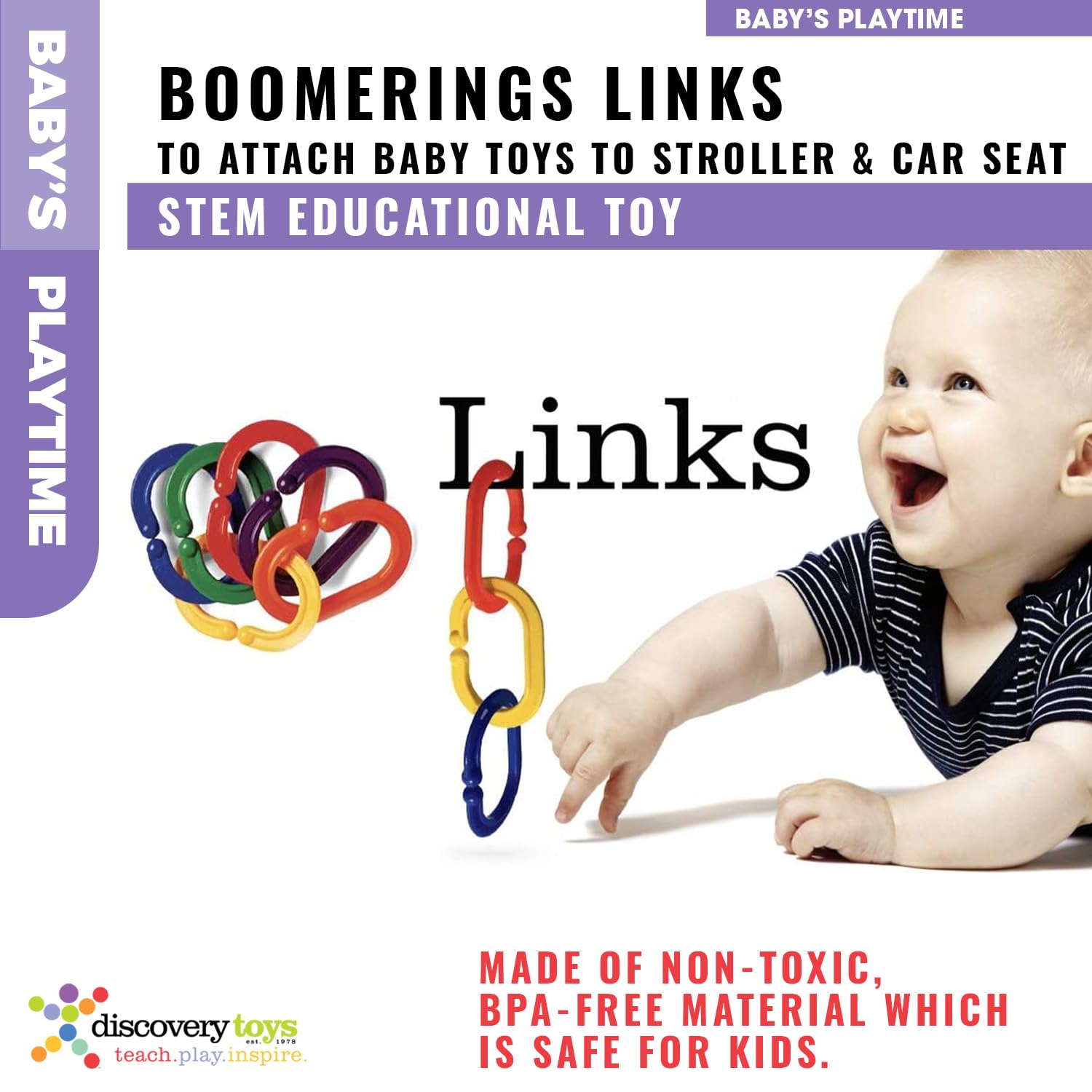 Discovery Toys BOOMERINGS Links to Attach Baby Toys to Stroller & Car Seat| Kid-Powered Learning | STEM Toy Early Childhood Development from Birth