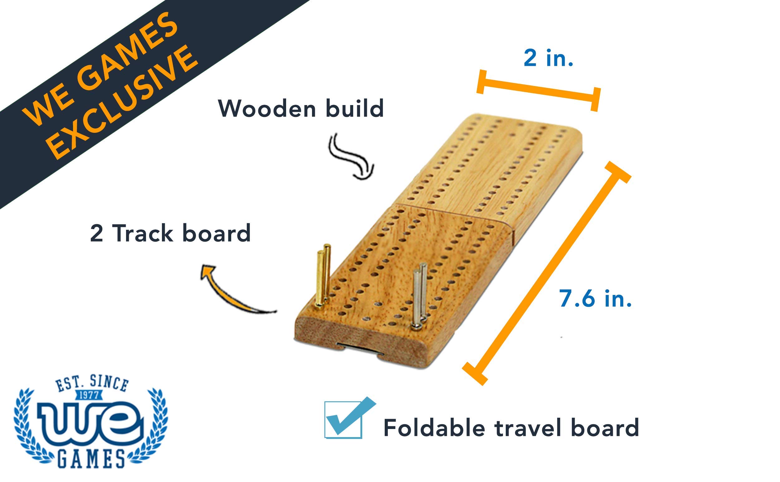 WE Games Wooden Folding Travel Cribbage Board with Metal Pegs, Small Size for Easy Travel