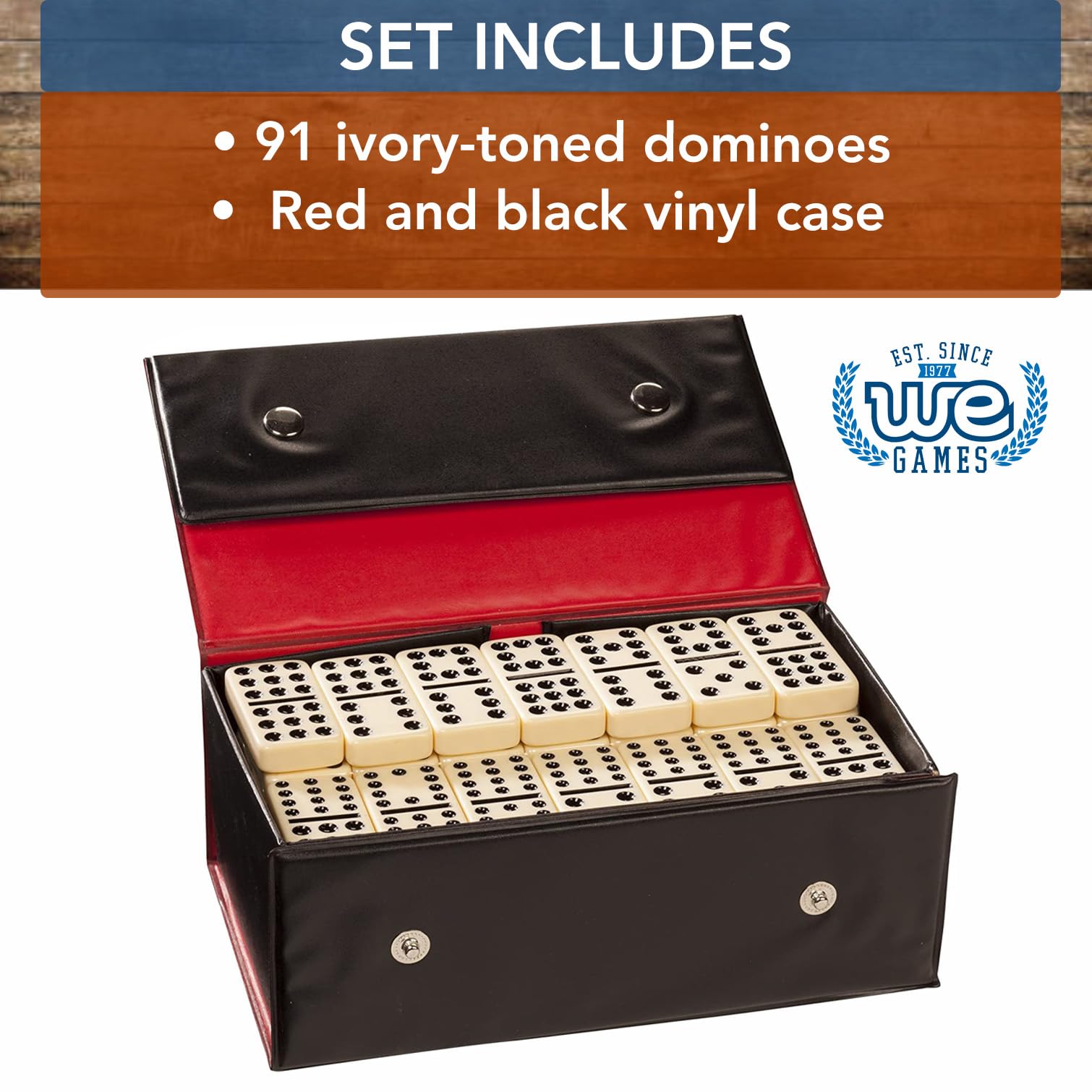 WE Games Double Twelve Dominoes Set - 91 Dominoes in Retro Travel Case - Ideal for Family Games - Perfect for Game Night