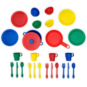 kidkraft 27-piece primary colored cookware set, plastic dishes and utensils for play kitchens, gift for ages 18 mo+