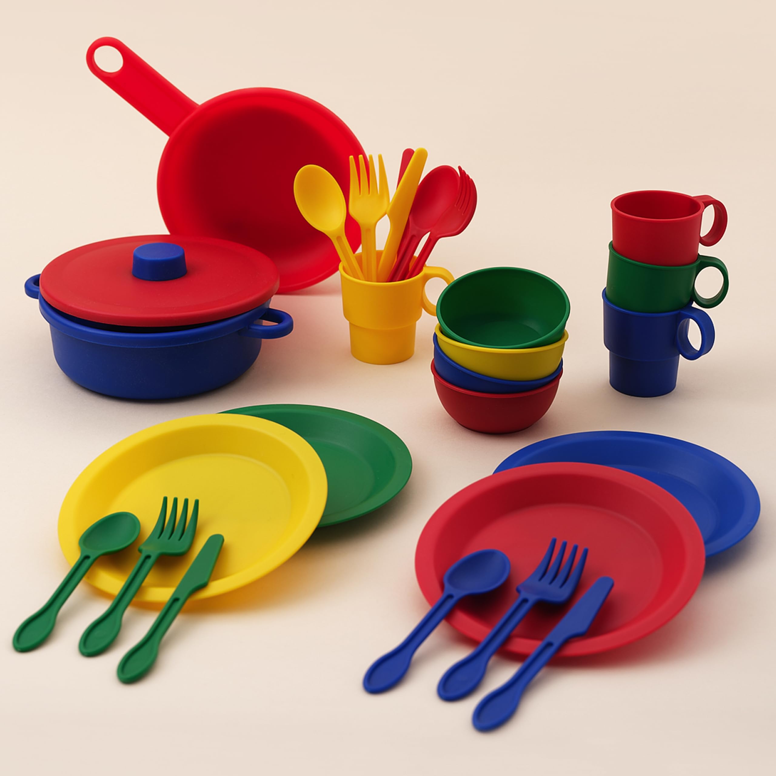 KidKraft 27-Piece Primary Colored Cookware Set, Plastic Dishes and Utensils for Play Kitchens, Gift for Ages 18 mo+