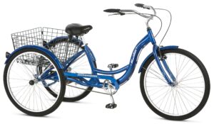 schwinn meridian adult tricycle bike, mens and womens three wheel beach cruiser, 26-inch wheels, low step-through frame, wide seat, rear folding basket, 1-speed, blue