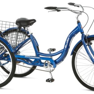 Schwinn Meridian Adult Tricycle Bike, Mens and Womens Three Wheel Beach Cruiser, 26-Inch Wheels, Low Step-Through Frame, Wide Seat, Rear Folding Basket, 1-Speed, Blue