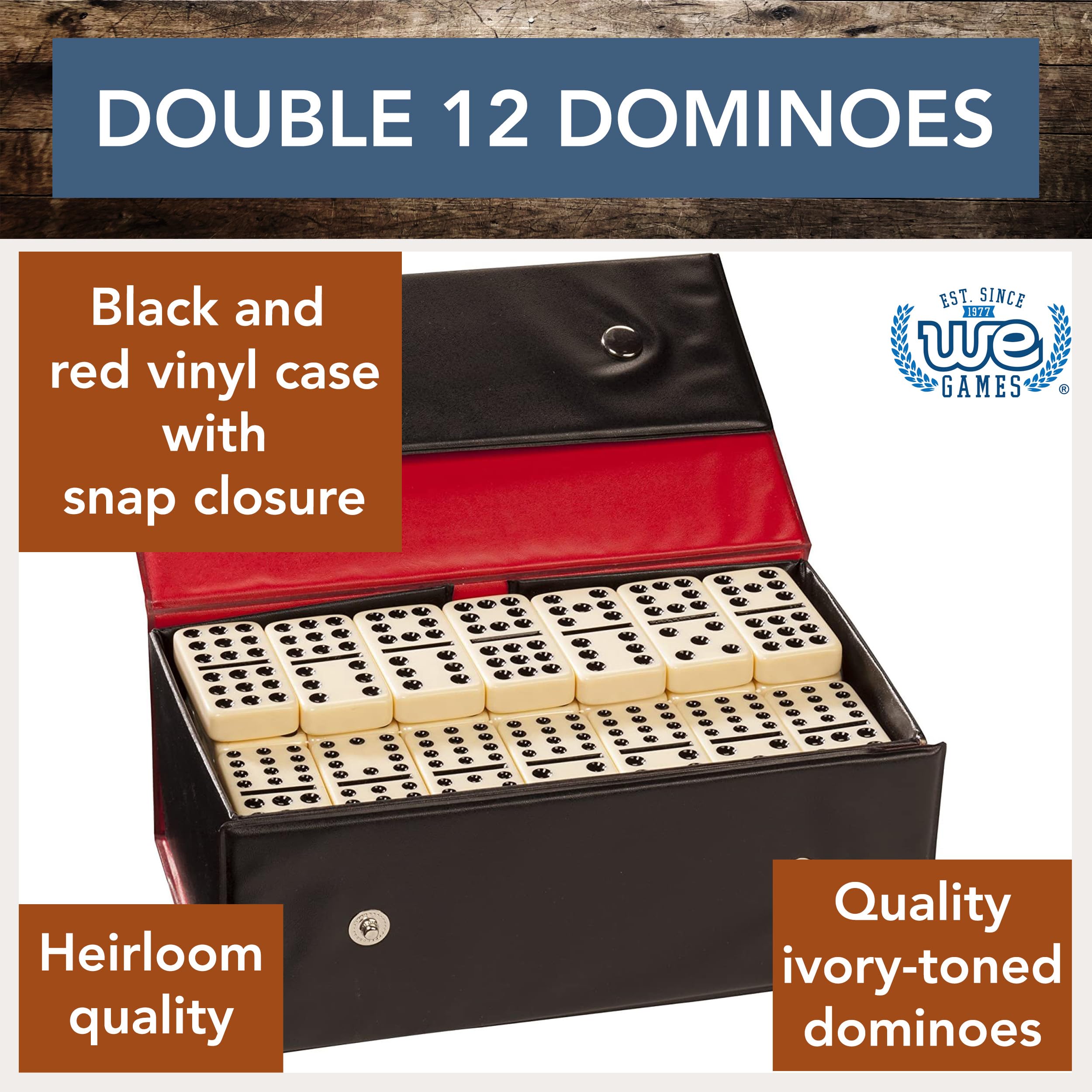 WE Games Double Twelve Dominoes Set - 91 Dominoes in Retro Travel Case - Ideal for Family Games - Perfect for Game Night