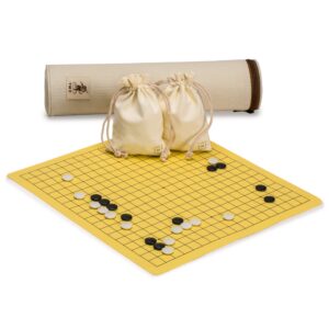 yellow mountain imports magnetic 19x19 roll-up portable travel go game set board (14.4 x 13.6-inch) with single convex stones - classic strategy board game (baduk/weiqi)