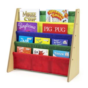 Humble Crew, Natural Wood/Primary Kids Book Rack Storage Bookshelf, 4 Tiers, Toddler