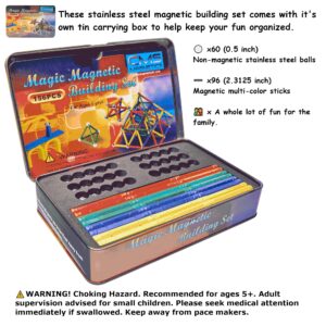 CMS MAGNETICS - (156-Piece Multi-Color Magnet Building Toy Tin Box Case Construction Sticks Set STEM Educational Learning Activity for Brain Development, Creativity, Imagination, Attention Span