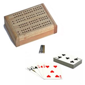 we games wooden travel cribbage board set, travel crib board with swivel top opening and for card storage, 2 track cribbage board game set with cards and pegs, mini board games for adults