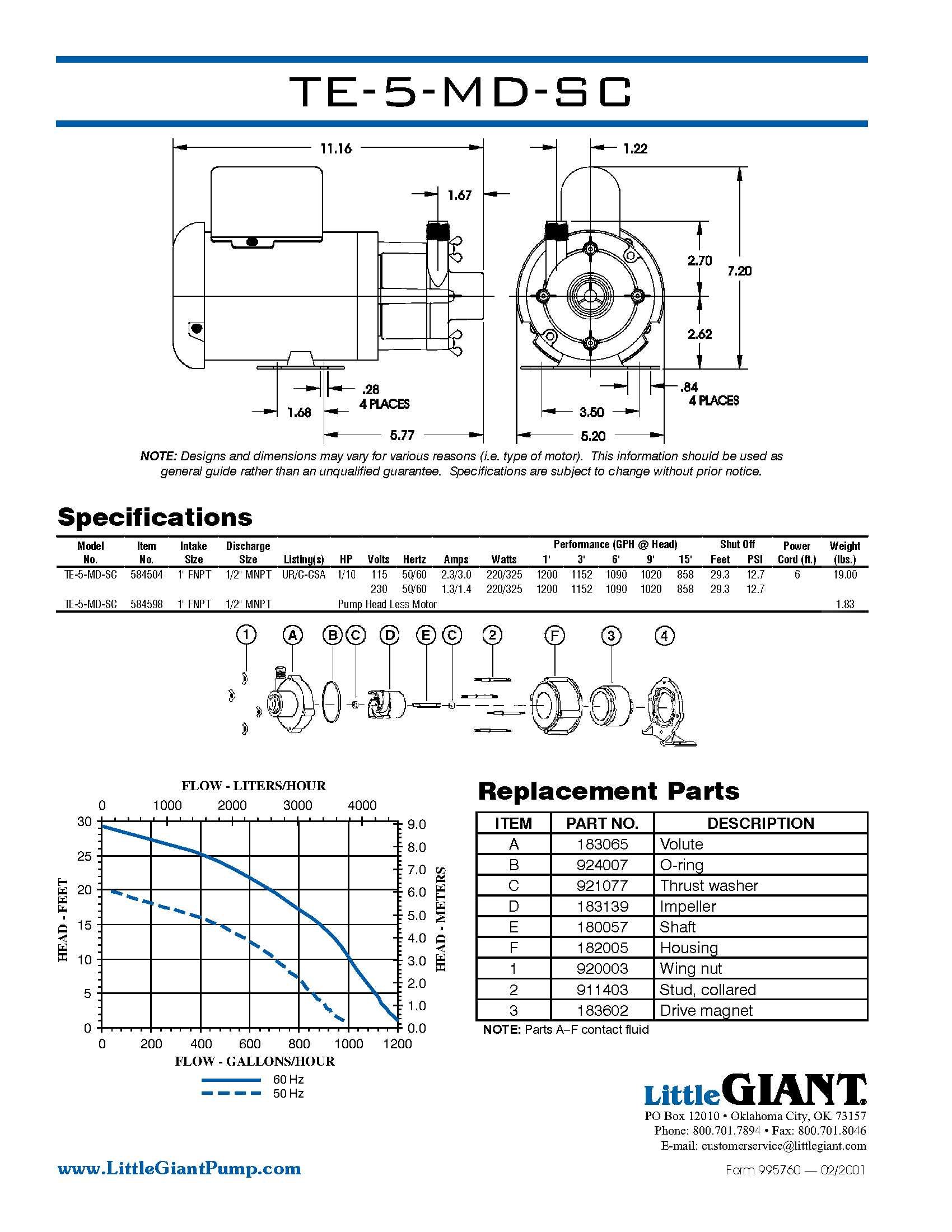 Little Giant TE-5-MD-SC 115/230-Volt, 50/60 Hz, 1/10 HP, 1200 GPH Magnetic Drive Non- Submersible Mildly Corrosive Chemical Transfer Pump, 6-Foot Power Cord with Separate Plug, Black/White, 584504