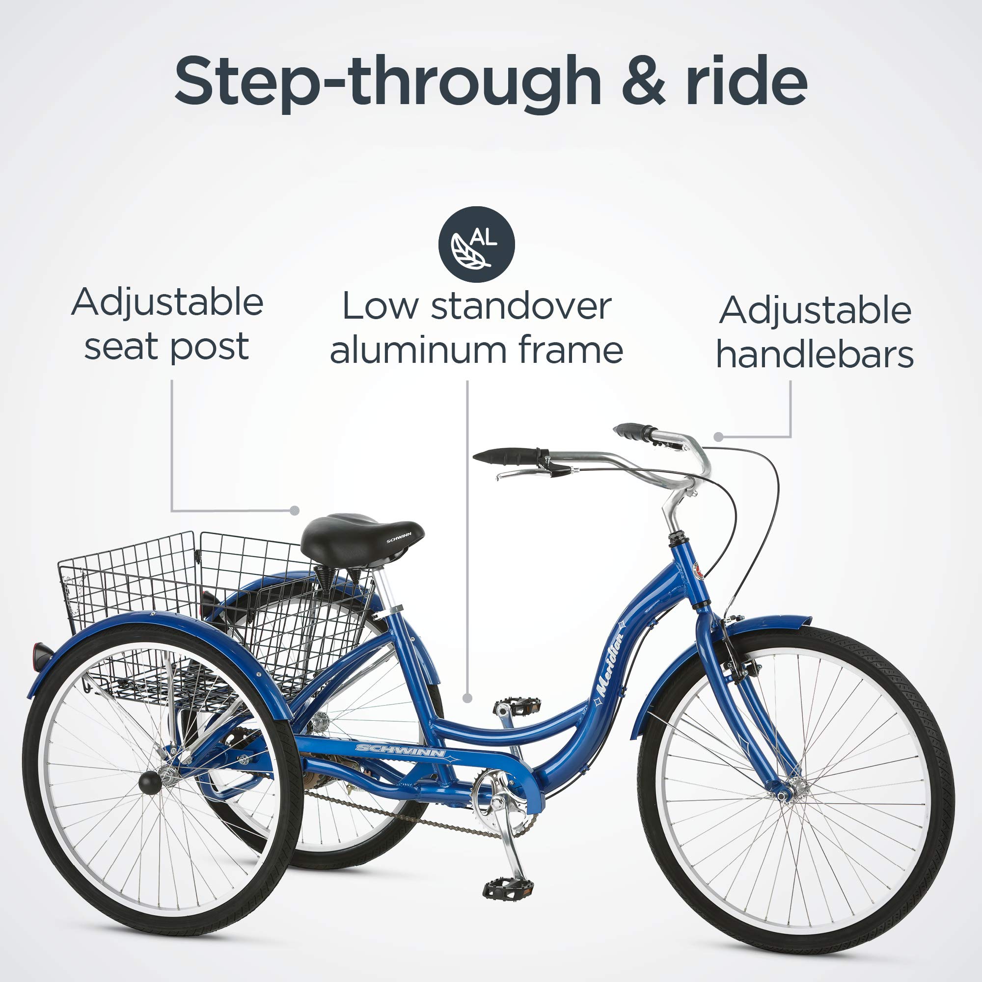 Schwinn Meridian Adult Tricycle Bike, Mens and Womens Three Wheel Beach Cruiser, 26-Inch Wheels, Low Step-Through Frame, Wide Seat, Rear Folding Basket, 1-Speed, Blue