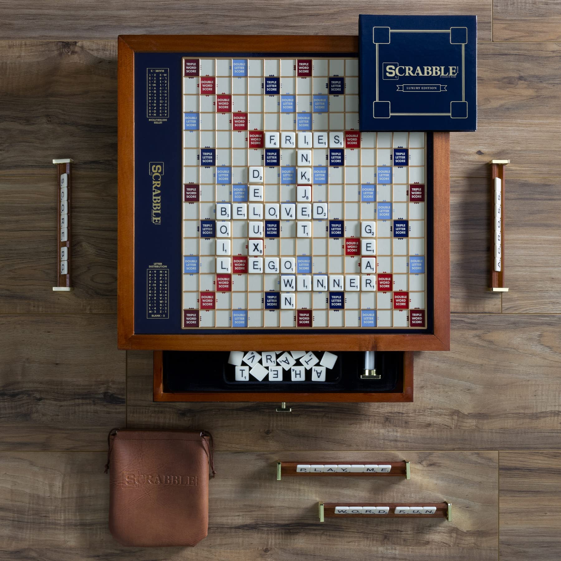 WS Game Company Scrabble Trophy Luxury Edition with Rotating Wooden Game Board