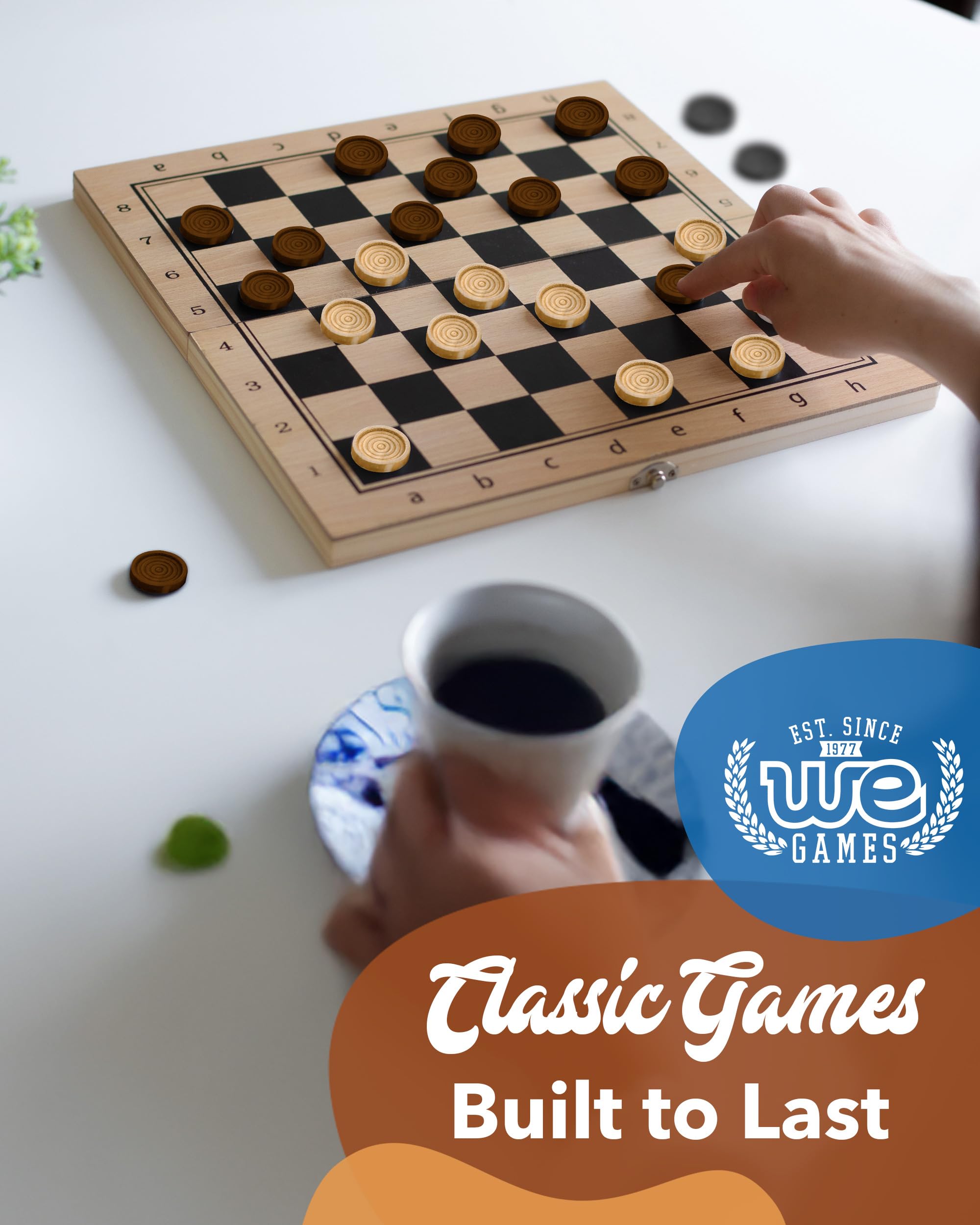 WE Games Checkers Pieces Only, Wooden Checker Board Game Pieces, 24 Dark Brown and Natural Stackable Pieces, Drawstring Storage Bag, 1.062 Diameter