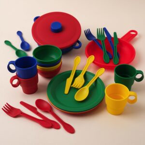 KidKraft 27-Piece Primary Colored Cookware Set, Plastic Dishes and Utensils for Play Kitchens, Gift for Ages 18 mo+