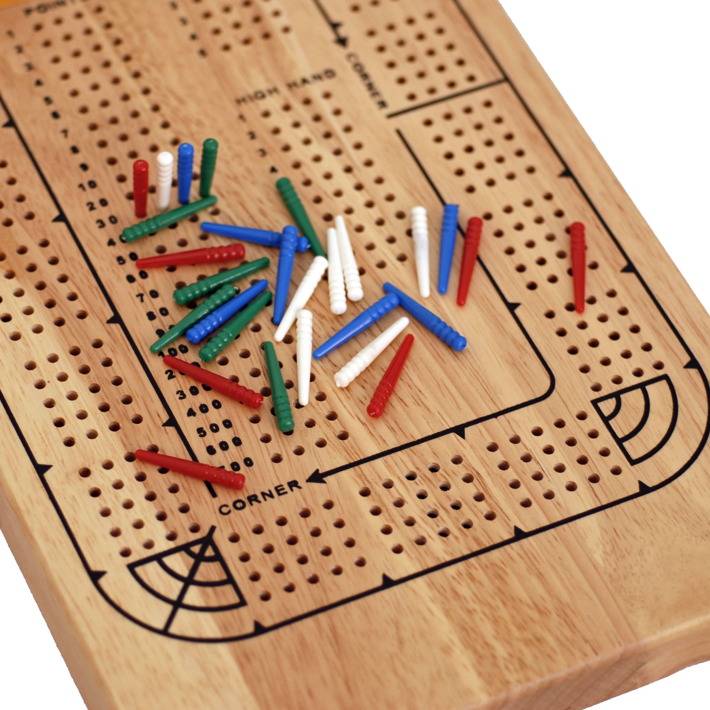 WE Games 4 Player Wooden Cribbage Board, Solid Natural Wood 4 Track Board, Plastic Pegs and Instructions, Card Games for Families and Adults