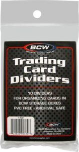 bcw card dividers | 10 packs of trading card divider cards (100 dividers total) | card dividers for storage boxes | card sorter tabs | plastic dividers for trading card storage with write-on tabs