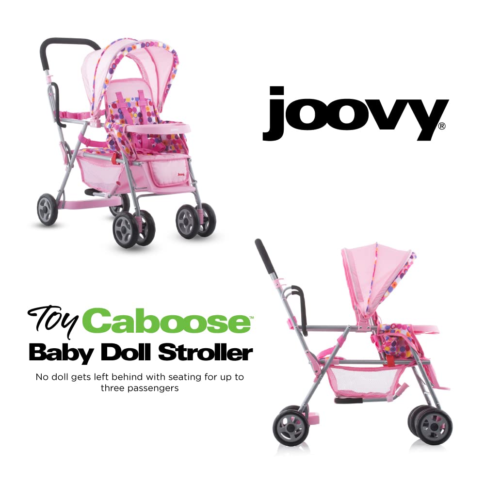 Joovy Toy Caboose Baby Doll Stroller Featuring Reclining Front Seat, Adjustable Footrest, Storage Basket, Extendable Canopy, and Snack Tray - Holds 3 Dolls (Pink Dot)